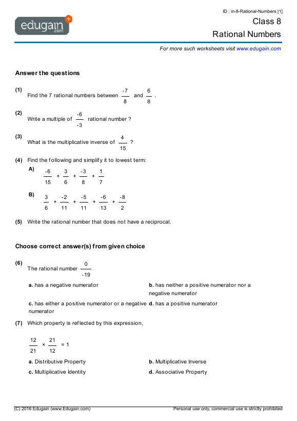 Class 8 Rational Numbers Math Practice Questions Tests Class 8 Rational Numbers Math Practice Questions Tests